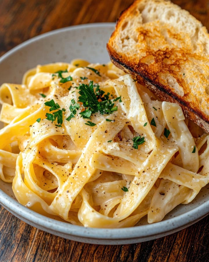 Creamy Pasta with Toasted Bread Stock Illustration - Illustration of ...