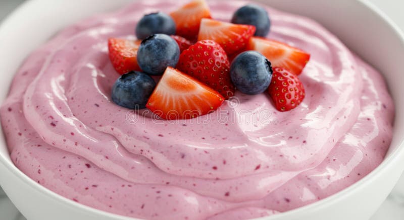 Creamy Pink Yogurt with Fresh Strawberries and Blueberries Stock ...