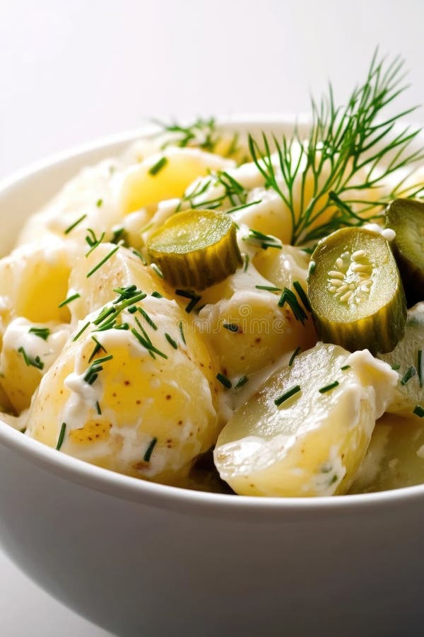 Creamy Potato Salad with Pickles and Dill in White Bowl Stock Photo ...