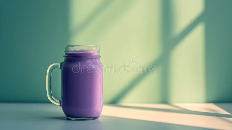 Creamy Purple Drink in a Glass Jar on a Light Surface with Soft Shadows ...