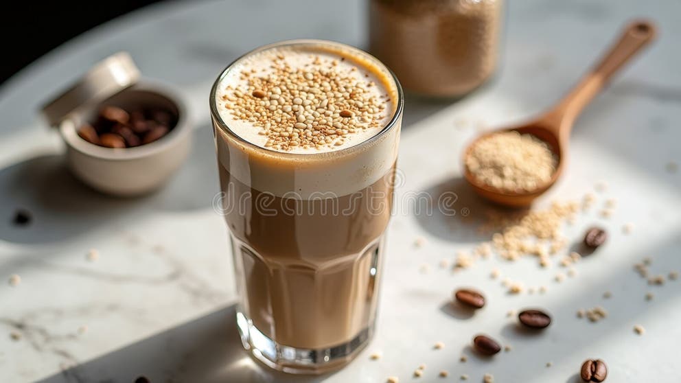 Creamy Quinoa Latte in Sunlit Setting with Coffee Beans and Quinoa ...