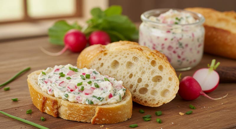 Creamy Radish and Herb Spread on Crusty Bread Stock Illustration ...