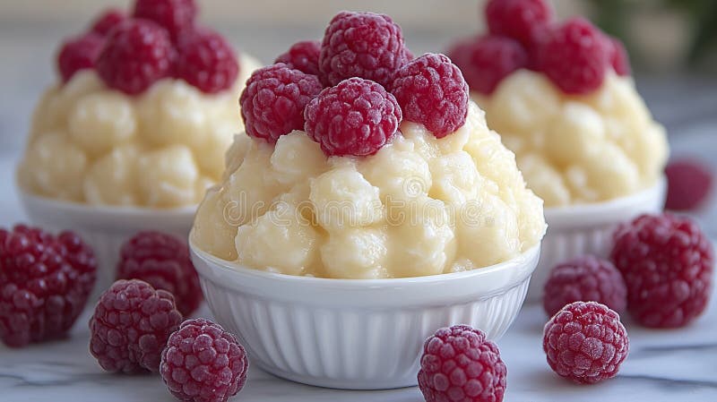 Creamy, Raspberry-topped Dessert in Small Bowls Stock Illustration ...