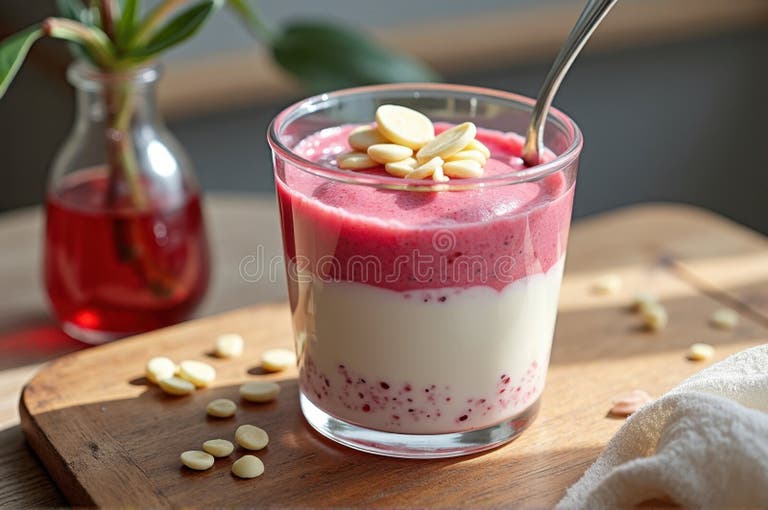 Creamy Raspberry Yogurt Parfait with Almond Slices in Sunlit Kitchen ...