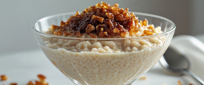 Creamy Rice Pudding with Brown Topping in Glass Bowl Stock Photo ...