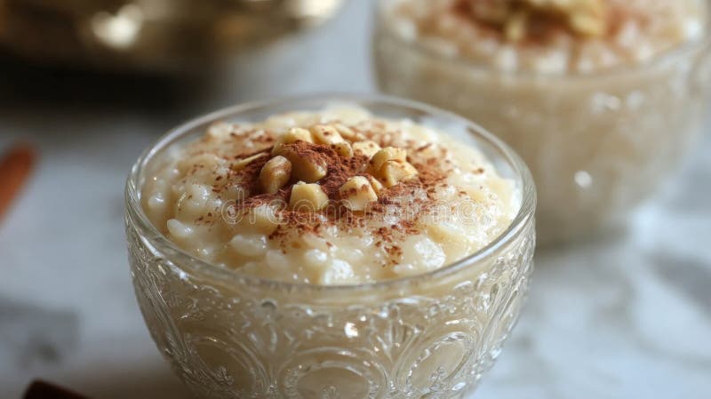 Creamy Rice Pudding Dessert Topped with Nuts and Cinnamon Stock ...