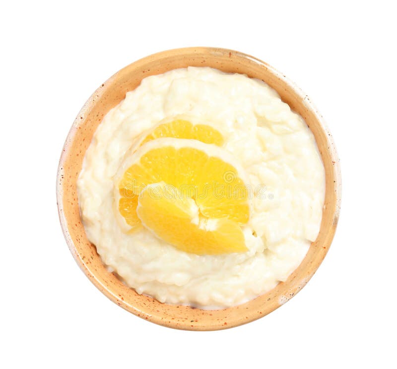 Creamy Rice Pudding with Orange Slices in Bowl on White Background ...