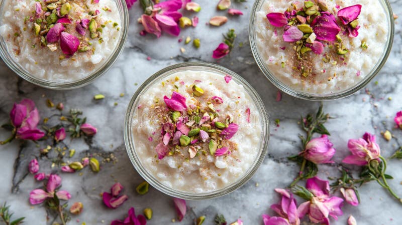 Creamy Rice Pudding with Pistachios and Rose Petals Stock Illustration ...