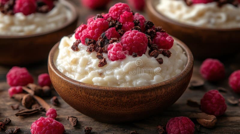 Creamy Rice Pudding with Raspberries and Chocolate Shavings Stock Photo ...