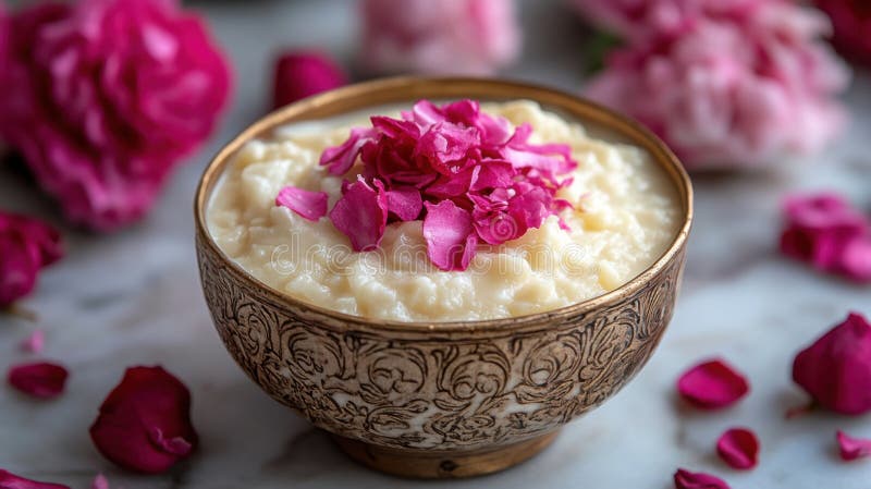 Creamy Rice Pudding with Rose Petals in Ornate Bowl Stock Photo - Image ...