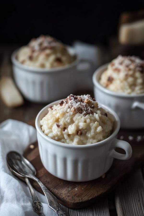 Creamy Rice Pudding in Rustic Setting with Nut Topping Stock ...