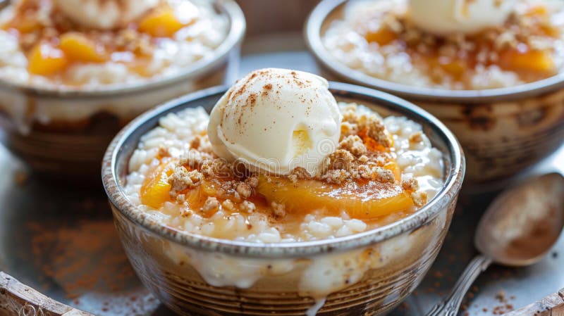 Creamy Rice Pudding with Vanilla Ice Cream and Peach Topping Stock ...