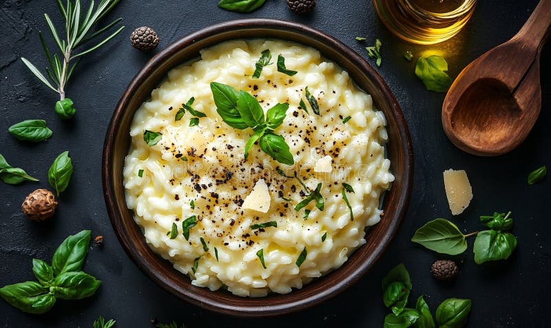 Creamy Risotto in Bowl, Garnished with Herbs and Cheese Stock Photo ...