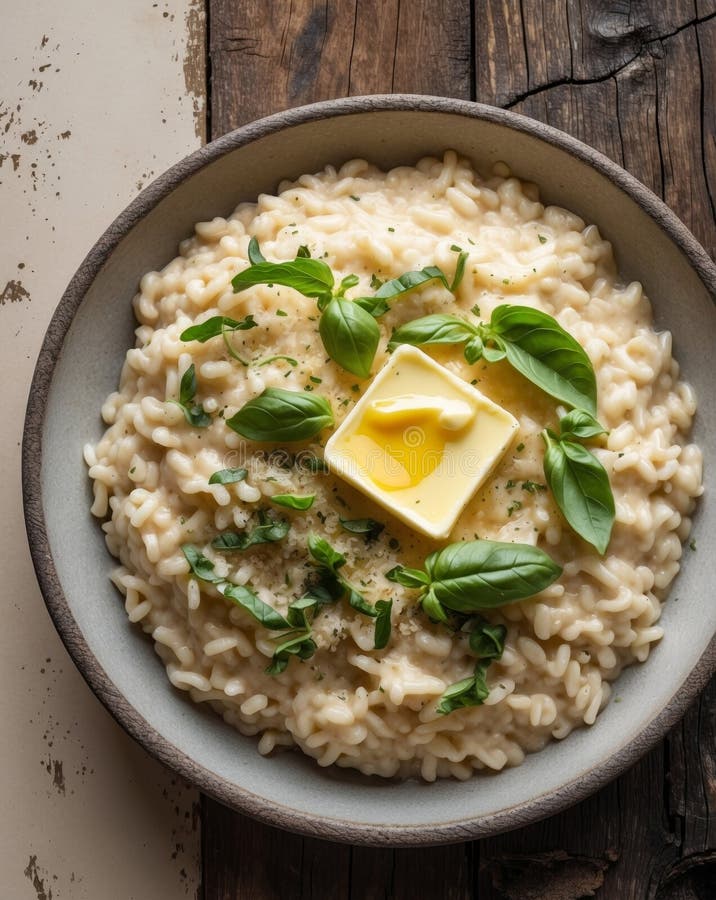 Creamy Risotto with Fresh Basil and Butter on Rustic Wooden Table Stock ...