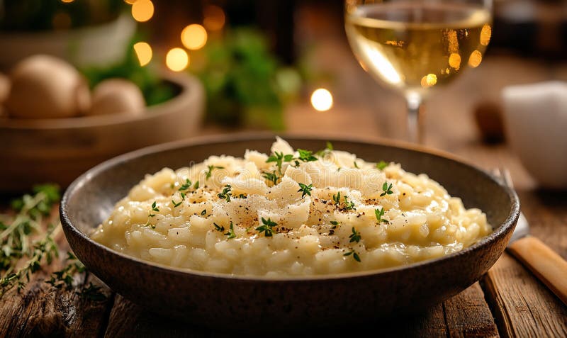 Creamy Risotto with Parmesan Cheese and Thyme, Served in a Rustic Bowl ...