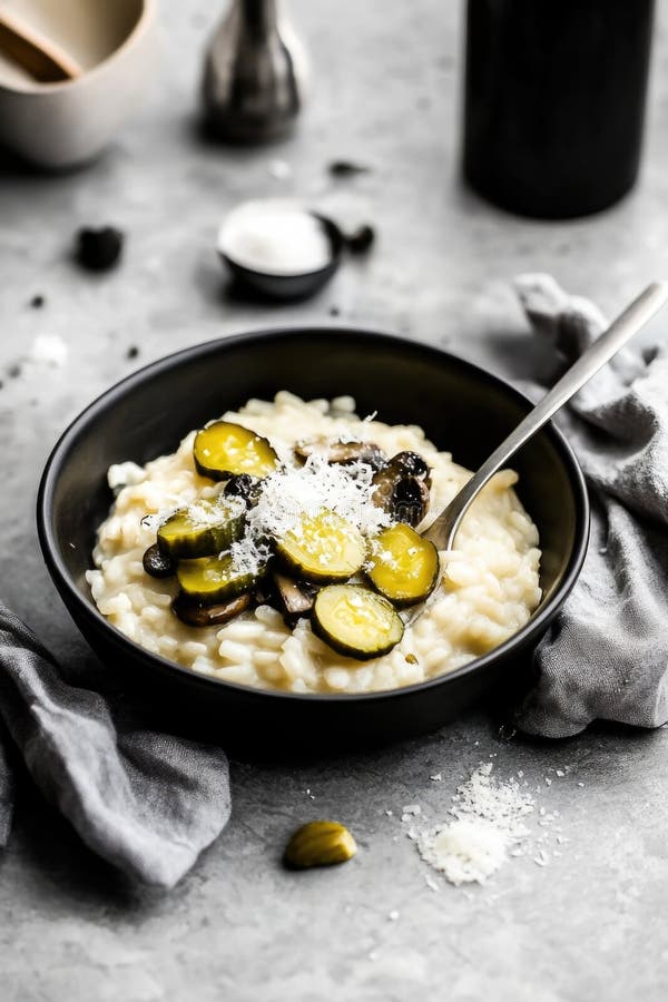 Creamy Risotto with Zucchini and Grated Parmesan on Grey Table Setting ...