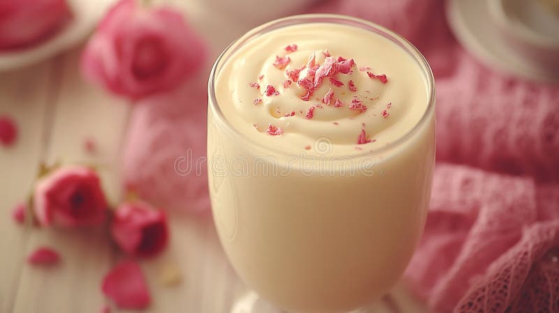 Creamy Rose Milkshake, Garnished, on White Wood, Romantic Setting, Dessert Menu Stock Photo ...