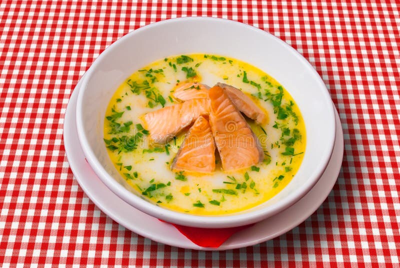 Creamy Salmon Fish Soup with Green Vegetables Stock Photo - Image of ...