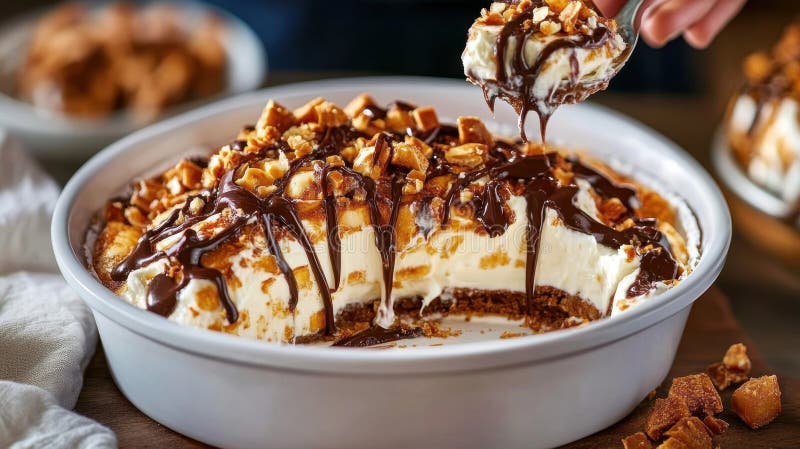 Creamy Snickers Pie with Chocolate Drizzle and Peanut Toppings in a ...
