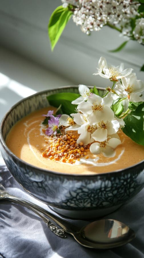 Creamy Soup Garnished with Spring Flowers and Edible Bee Pollen in ...