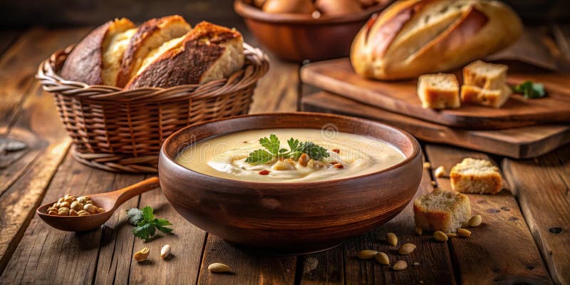 Creamy Soup in Rustic Bowl with Bread and Nuts. Generative AI Stock ...