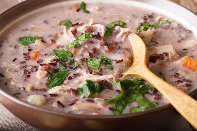 Creamy Soup of Wild Rice, Chicken Close-up in a Bowl. Horizontal Stock ...