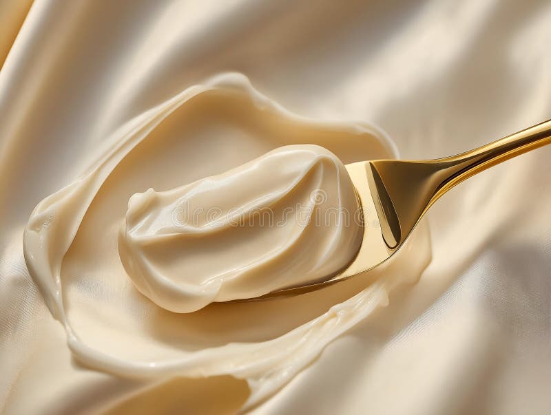 Creamy Substance on Gold Spoon, Silky Fabric, Luxurious Presentation ...
