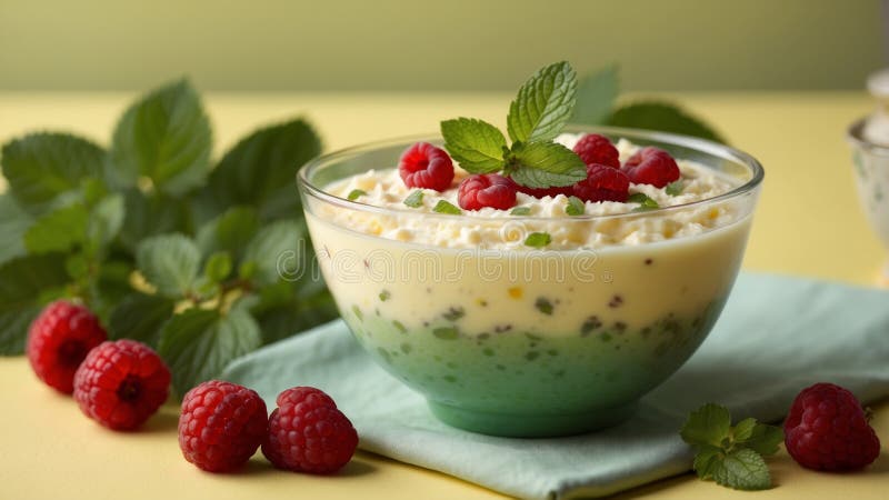 Creamy Tapioca Pudding Garnished with Mint Leaves in Green Bowl on ...