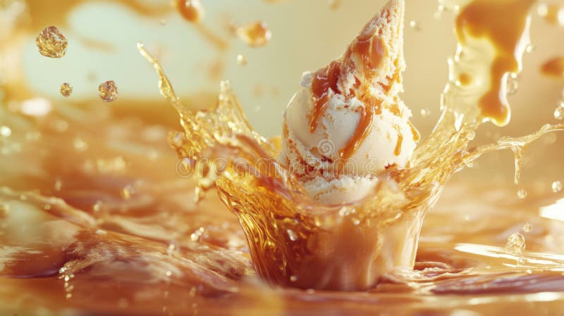 Creamy Vanilla Ice Cream with Caramel Sauce Splash Stock Illustration ...