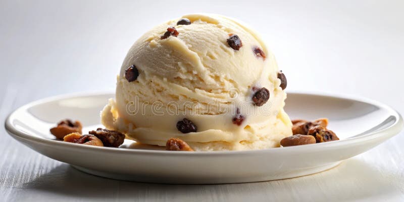 Creamy Vanilla Ice Cream Scoop with Crunchy Bits and Nuts on a Plate ...