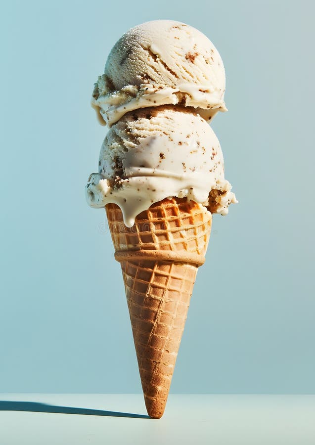 Double Scoop Vanilla Ice Cream Cone on Blue Background Stock ...