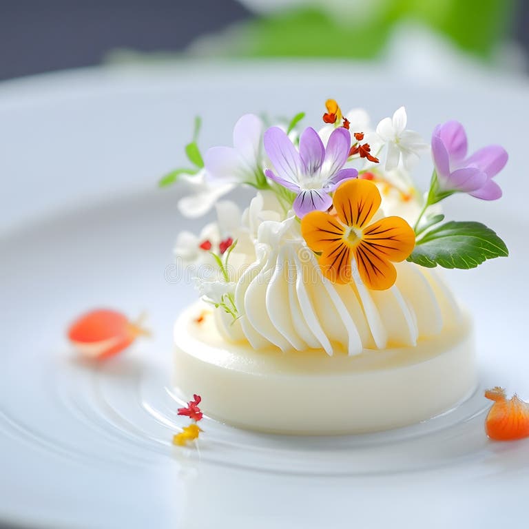 Creamy Vanilla Pudding Decorated with Spring Flowers on a White Plate ...