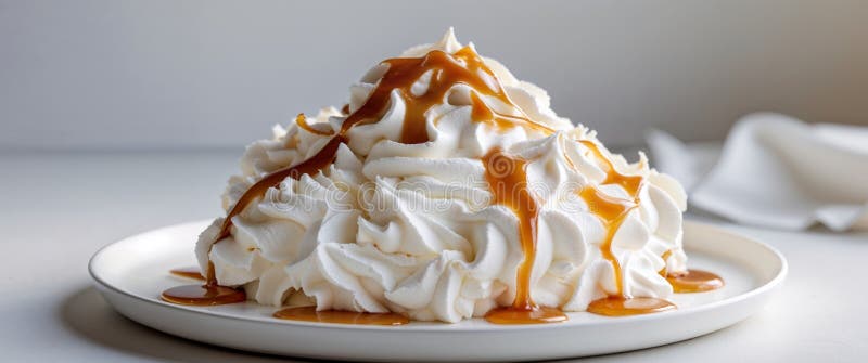 Creamy Whipped Cream with Rich Caramel Drizzle on White Plate Stock ...