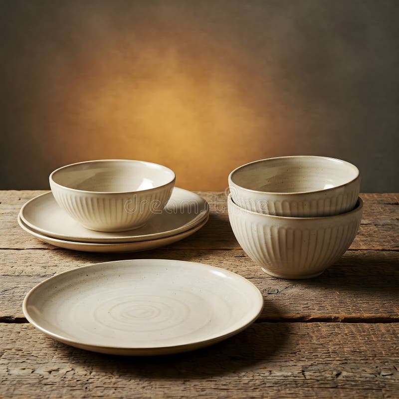 Creamy White Ceramic Bowls and Plates with Subtle Ridged Textures on a ...