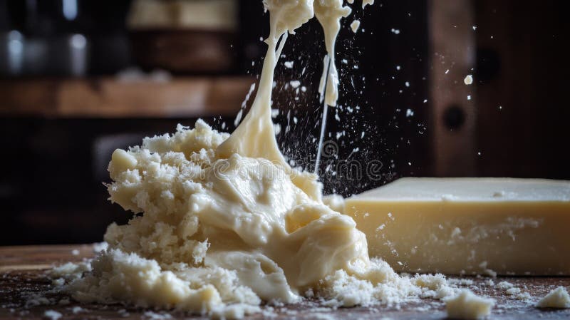 Creamy White Cheese Stretching and Melting on Wooden Surface Stock ...