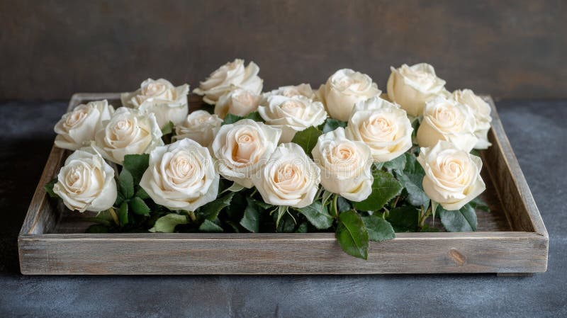 Creamy White Roses Arranged in a Rustic Wooden Tray Stock Illustration ...