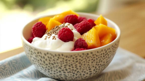 Creamy Yogurt with Mango and Raspberries Stock Illustration ...