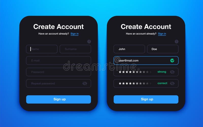 Create Account UI. Sign Up and Log in Dark Form Theme with Personal ...