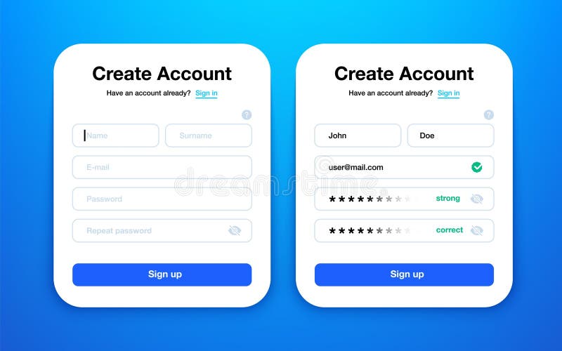 Create Account UI. Sign Up and Log in Form with Personal User Data, Modern Mobile Application ...