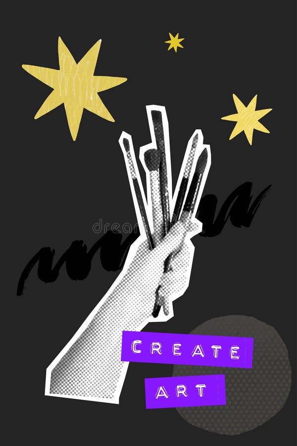 Create Art Poster, Modern Collage. Hand Holding Brushesm Stars and ...