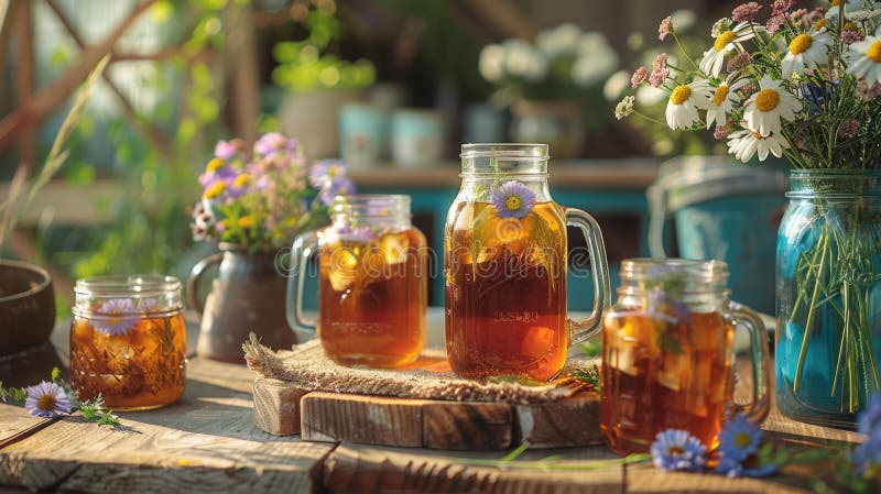 Rustic Iced Tea Setup with Vintage Tea Sets and Jars on a Wooden Table ...