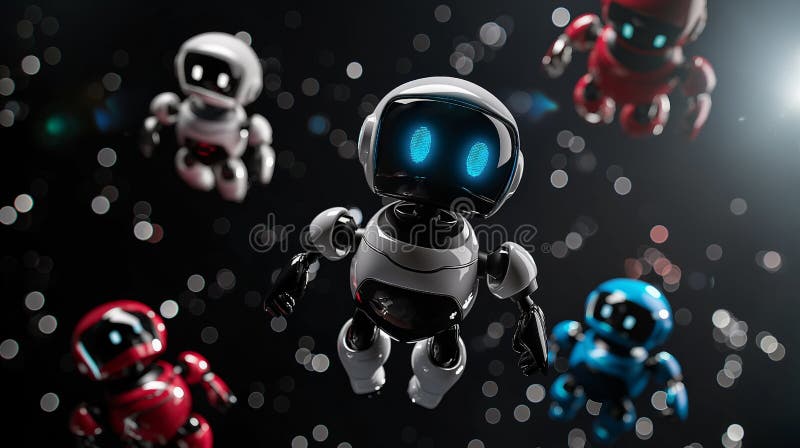 Create a Banner with Different Robots (white, Red, Blue) Floating on a ...