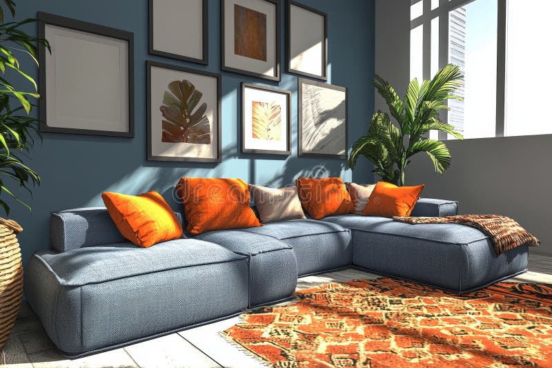 Create a Chic and Inventive Living Room Interior Design, Featuring an Elevated Sofa, Decorative ...