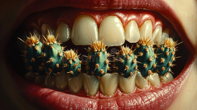 Close-up of a Mouth with Small Cacti Growing between Teeth. Stock ...