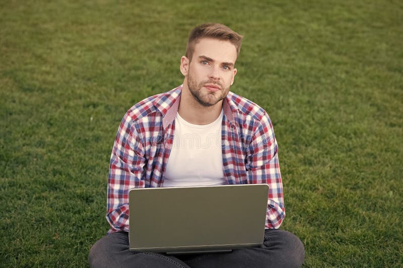 Create Connection with Your Audience. Vlogger Use Computer Green Grass ...