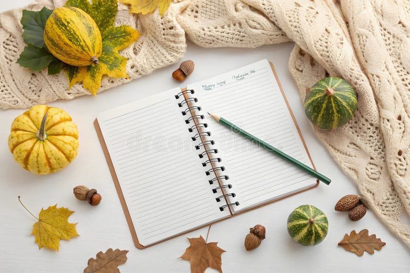 Create a Cozy Autumn-themed Flat Lay Composition. Include an Open ...