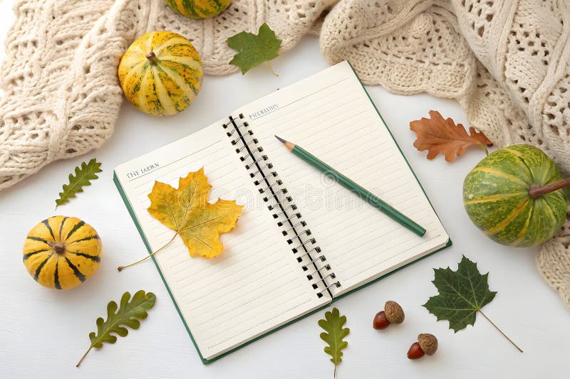 Create a Cozy Autumn-themed Flat Lay Composition. Include an Open ...