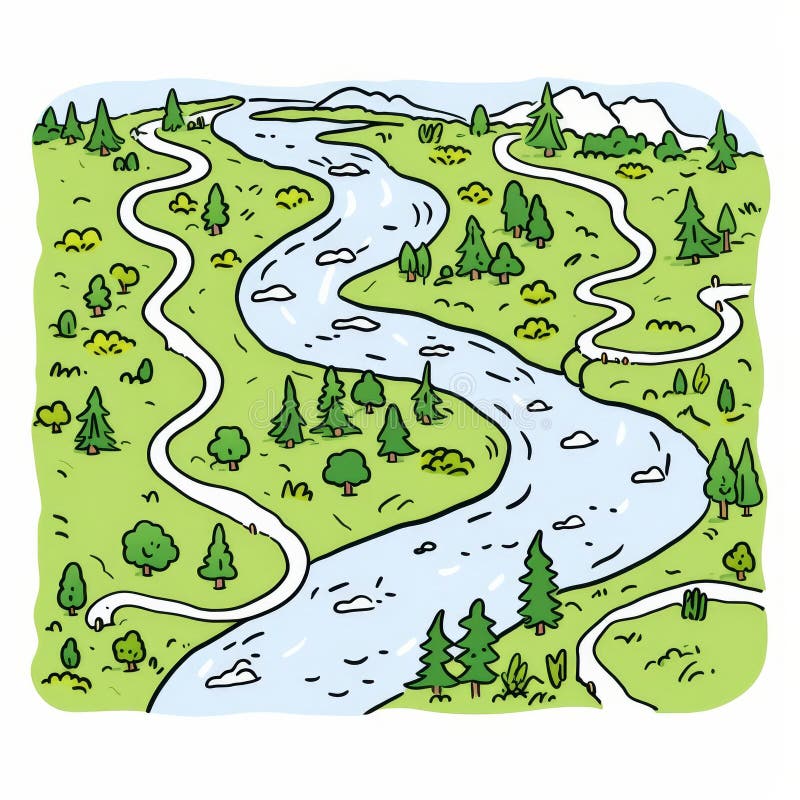 Create a Delightful and Charming Sketch of a Meandering River with ...