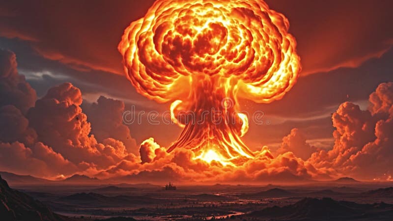 Create a Dramatic Scene of a Nuclear Explosion, Massive Mushroom Cloud Erupting with Fiery ...