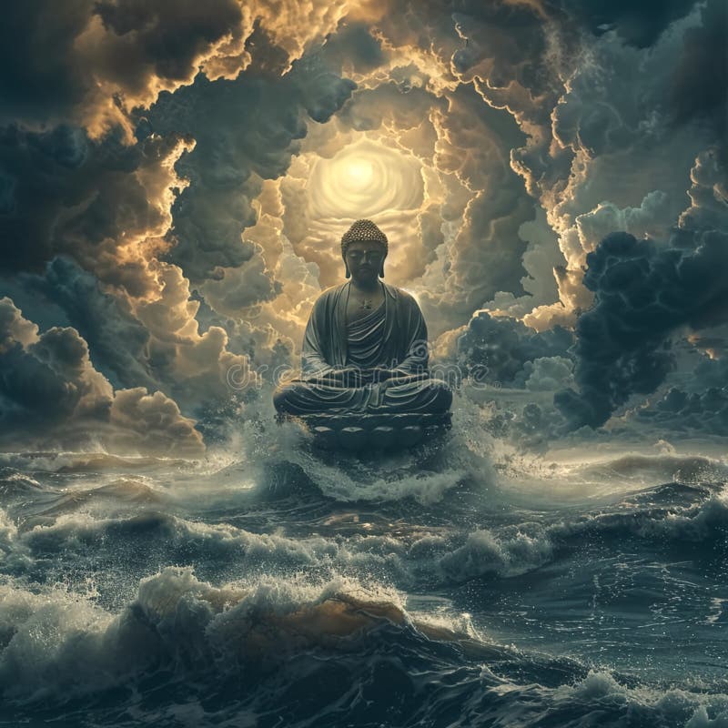 Create a Dramatic and Serene Image of Buddha Floating Above the Ocean ...